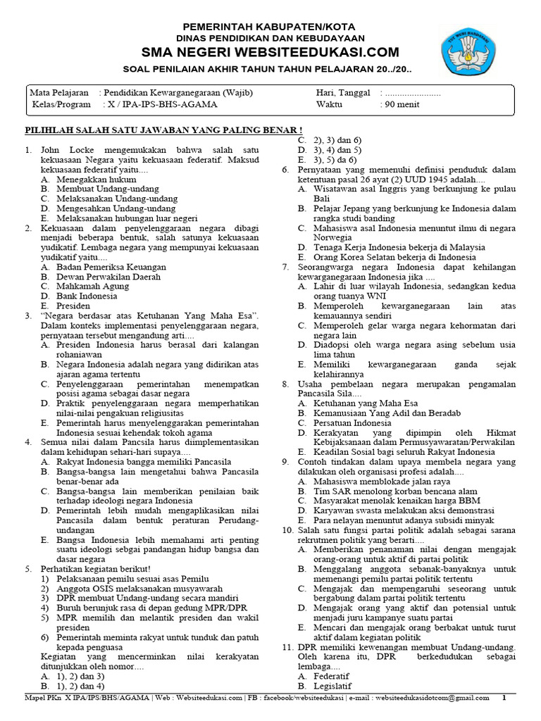 Soal PAT PKN Kelas X K13 | PDF | Politik