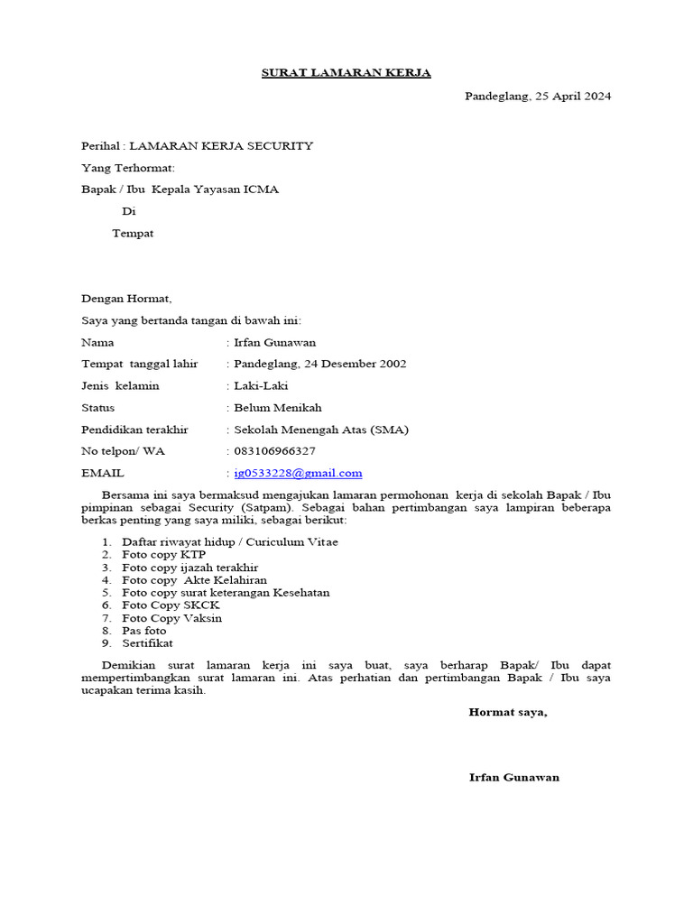 Lamaran Kerja Security Irfan Gunawan | PDF