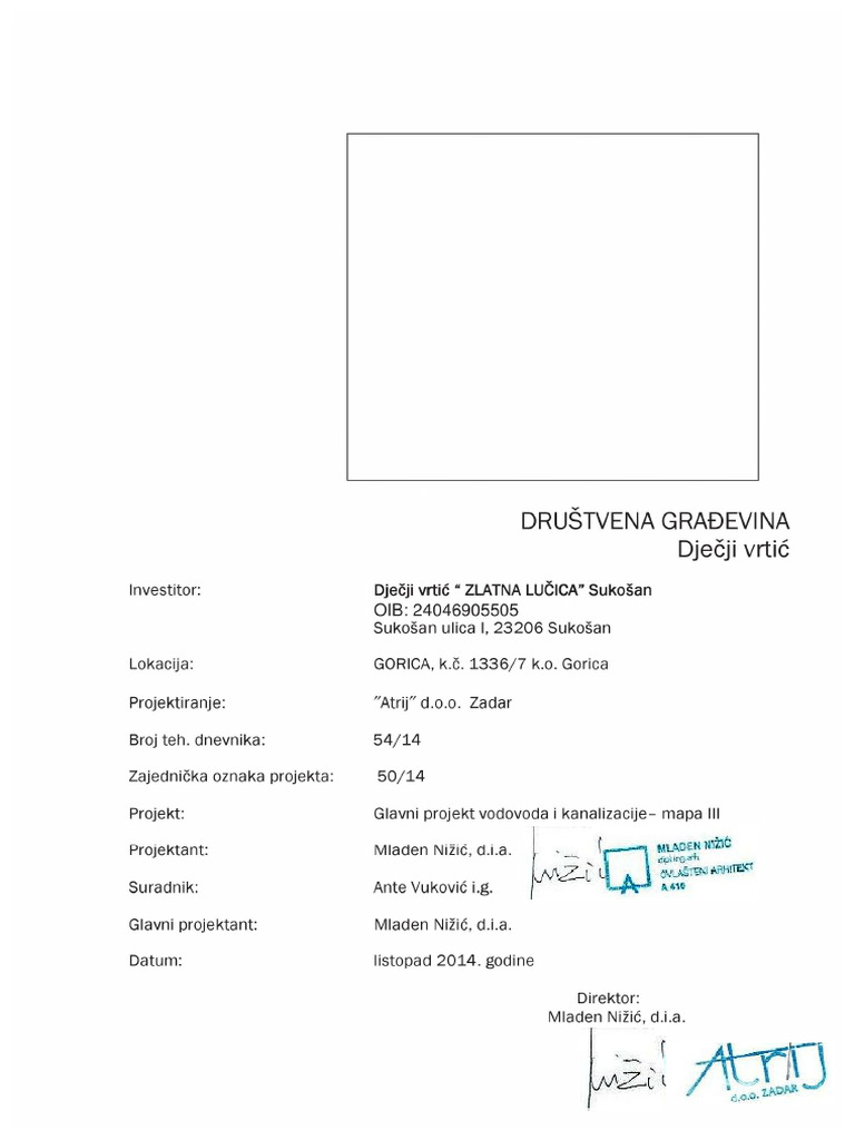 Glavni Projekt Vodovod I Kanalizacija Vrtic U - Gorici | PDF