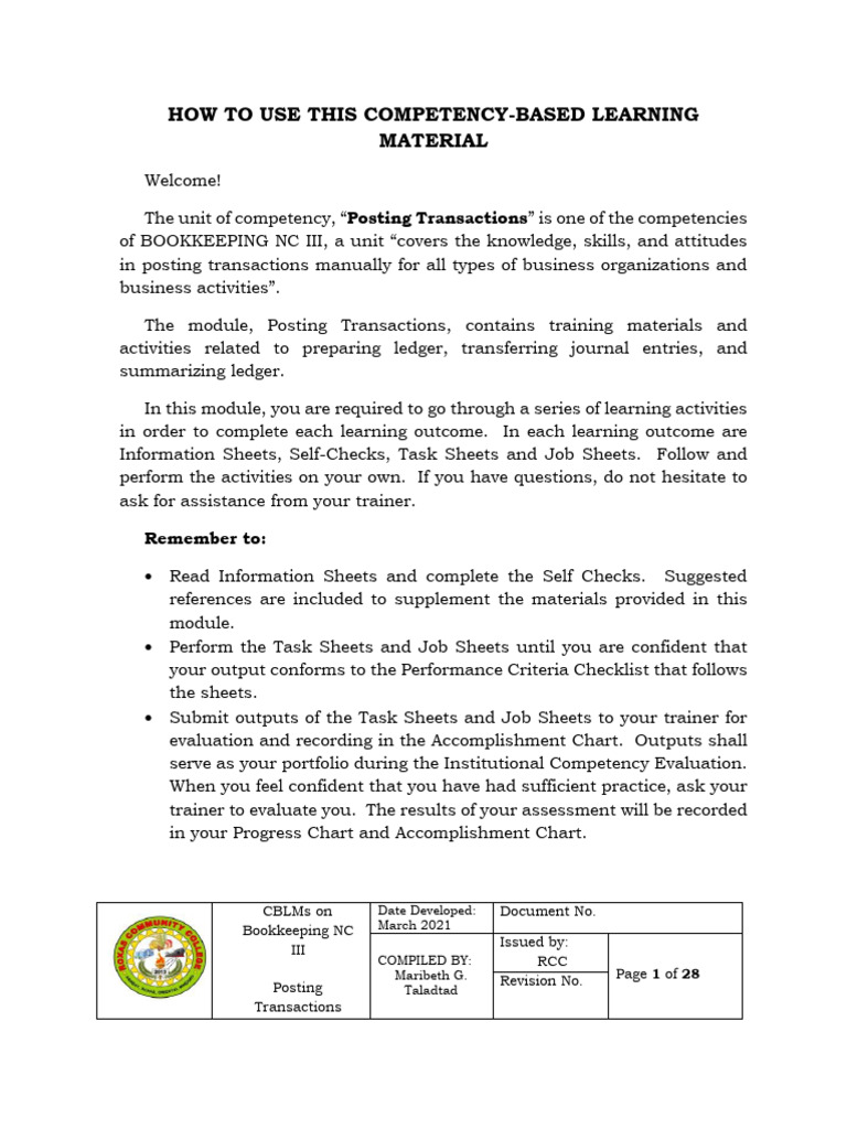 CBLM Posting Transactions in Bookkeeping NC III | PDF | Debits And Credits | Bookkeeping