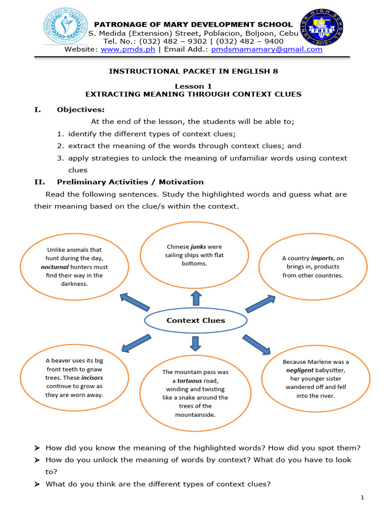 English 8 - Learning Packet - Lesson 1 | PDF | Definition | Word
