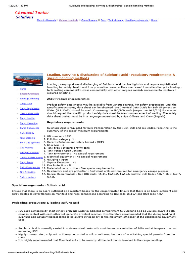 Sulphuric Acid Loading, Carrying & Discharging - Special Handling ...