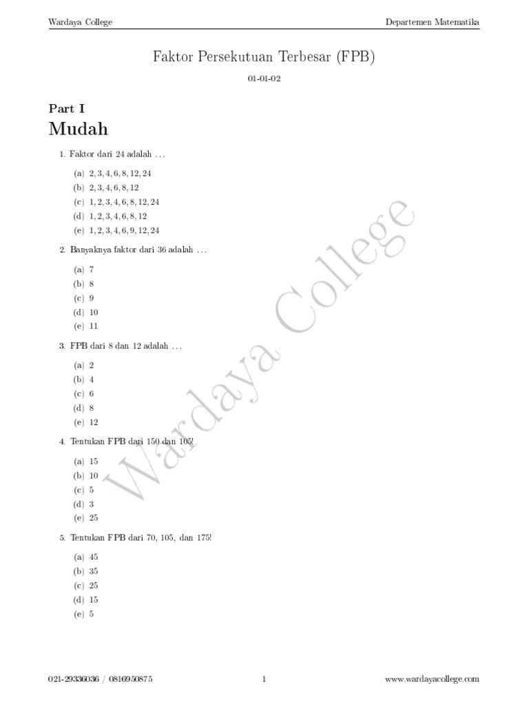 01 01 02 Faktor Persekutuan Terbesar - FPB - Soal - V1a | PDF