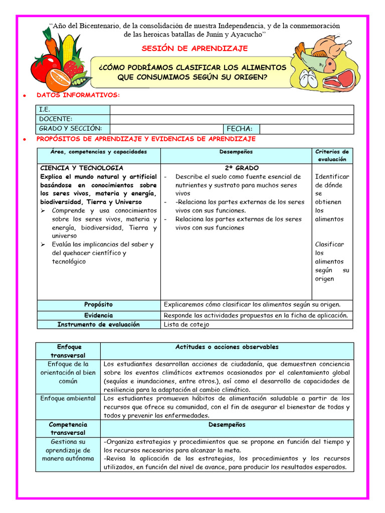 s4 Sesion d2 CT Clasificacion de Los Alimentos Segun Su Origen | PDF | Aprendizaje | Evaluación