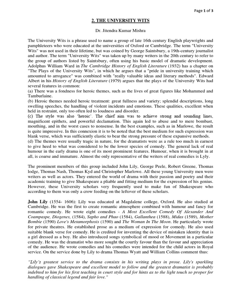 The University Wits: Page 1 of 3 | PDF | English Renaissance Dramatists