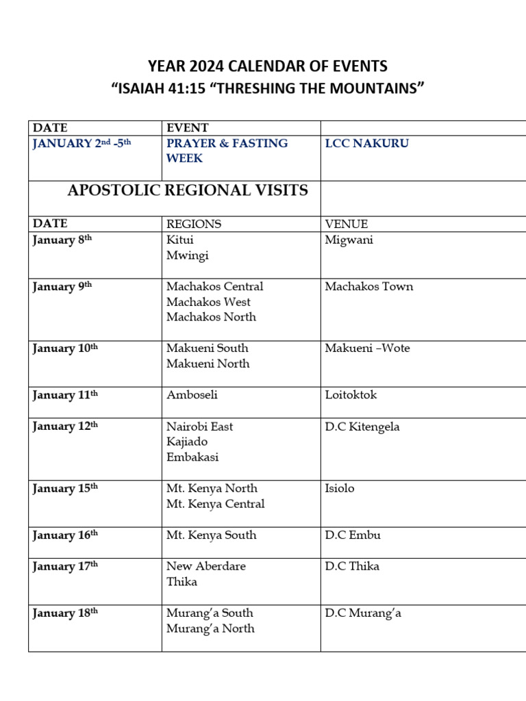 Year 2024 Calendar of Events | PDF | Kenya | Nairobi