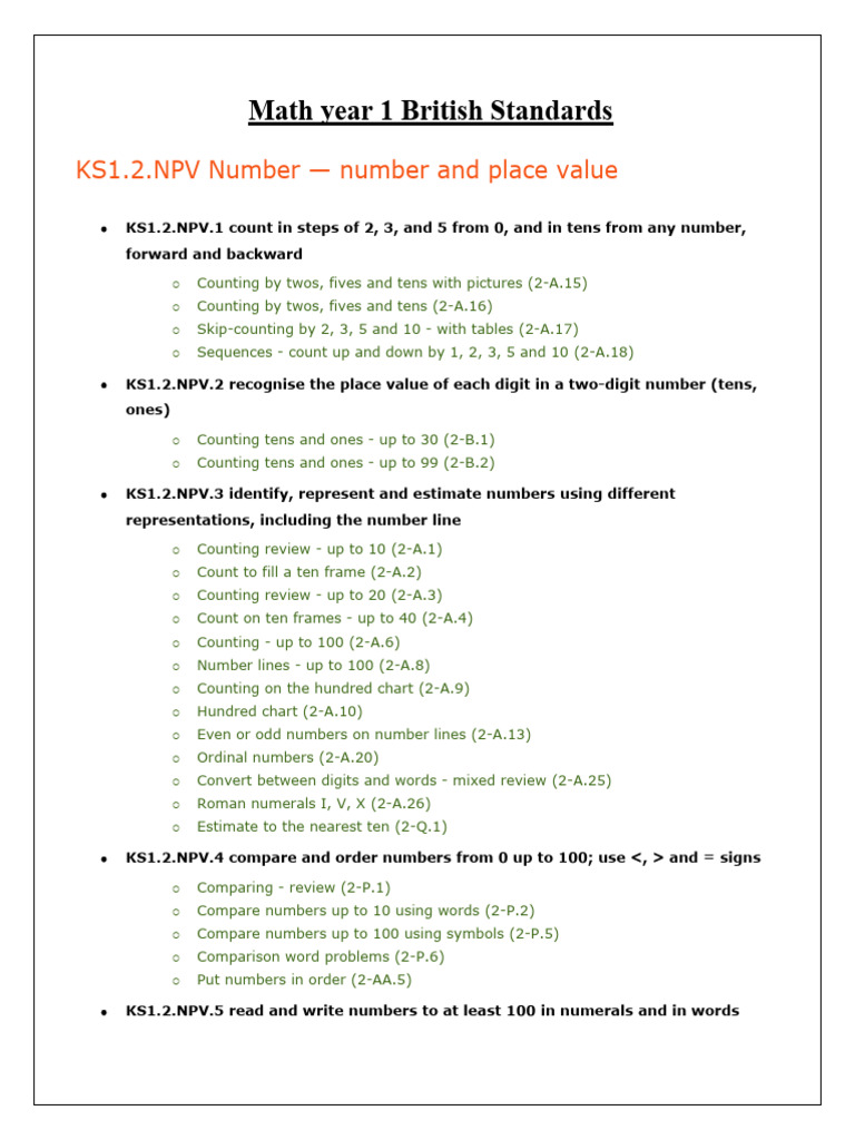 British Math Standards Y1 | PDF | Subtraction | Litre