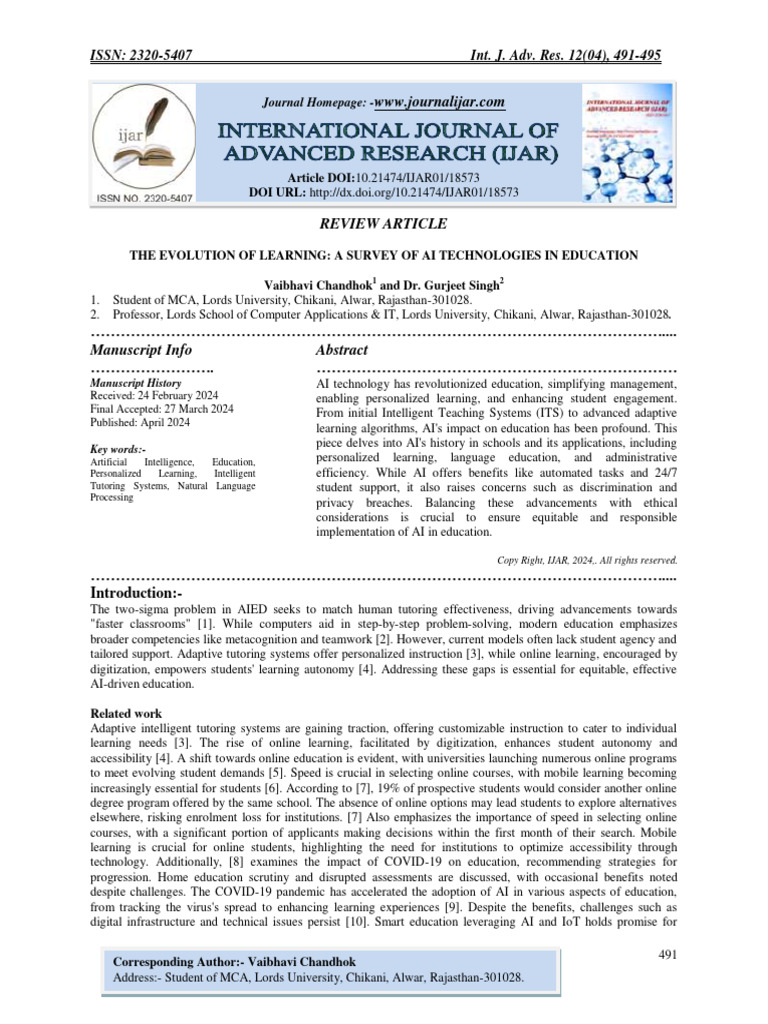 THE EVOLUTION OF LEARNING: A SURVEY OF AI TECHNOLOGIES IN EDUCATION ...