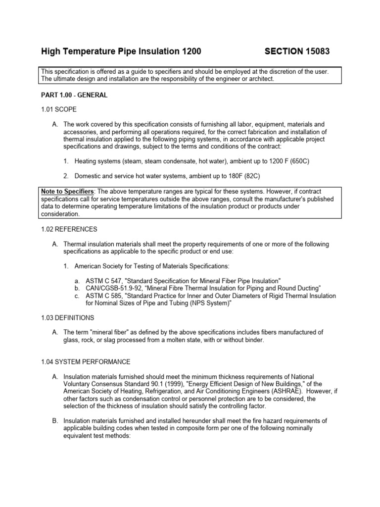 guide spec for high temperature pipe insulation (1) | PDF | Pipe (Fluid ...