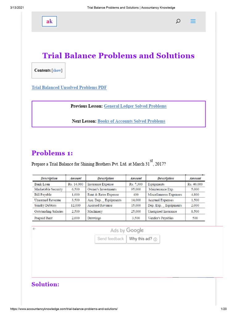Trial Balance Problems & Solutions Guide | PDF | Stocks | Financial ...