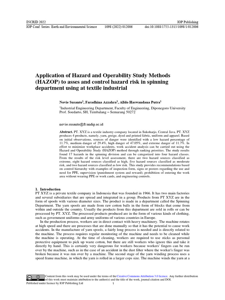 Application of Hazard and Operability Study Methods (HAZOP) To Asses ...