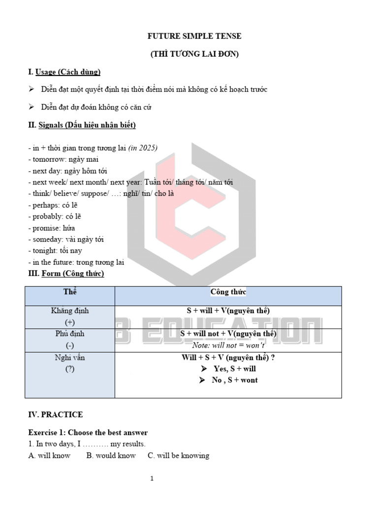 Future Simple Tense Guide | PDF