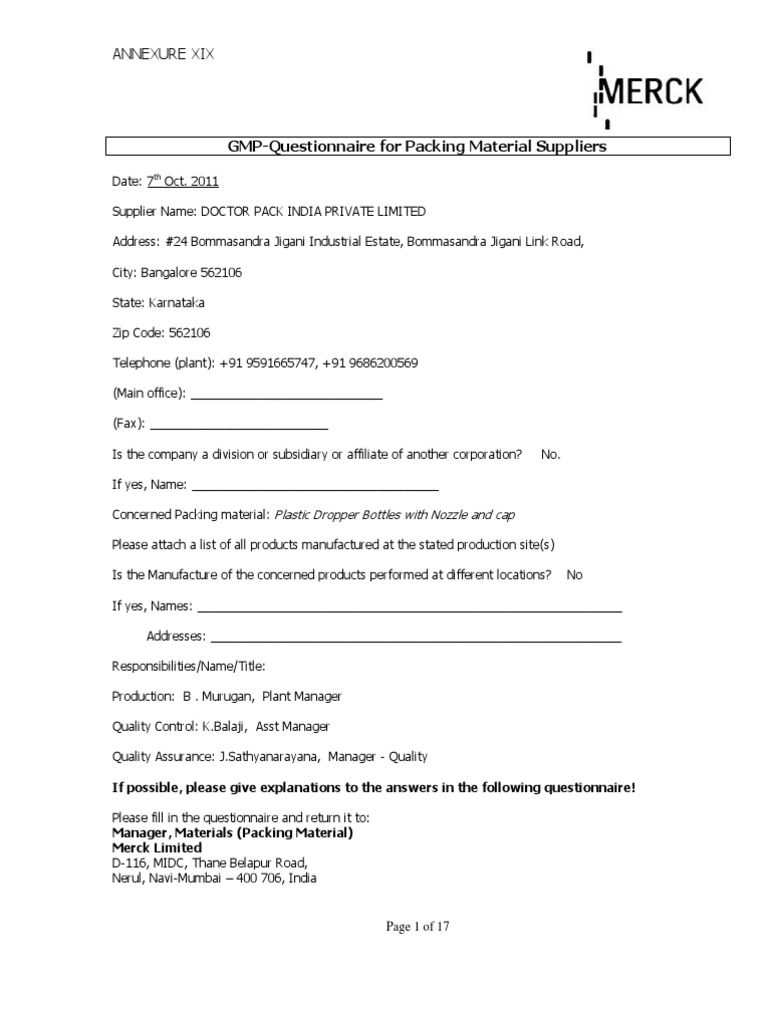 ANNEXURE XIX (GMP-Questionnaire For Packing Material Suppliers) Merck | PDF | Packaging And ...