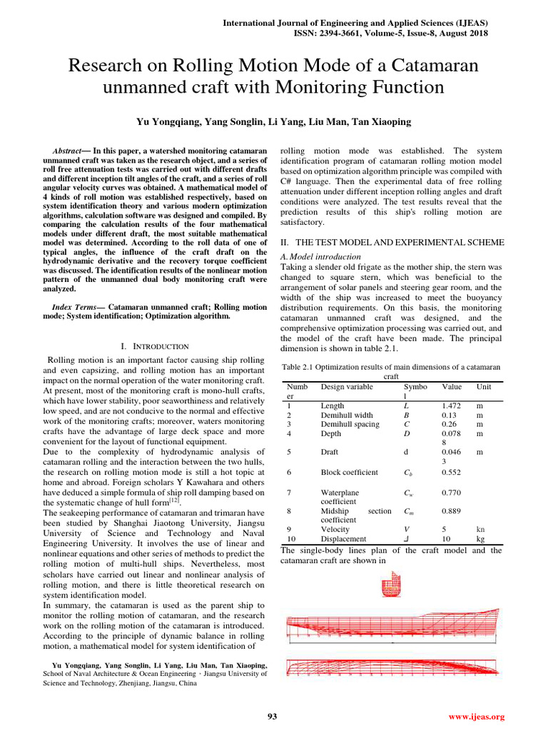 Research On Rolling Motion Mode of A Catamaran Unmanned Craft With ...