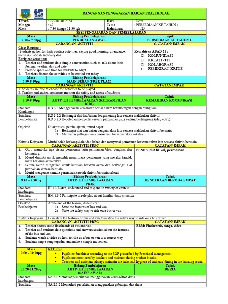 RPH Minggu 42 - Persediaan Ke Tahun 1 BM Bi | PDF | Karier & Perkembangan