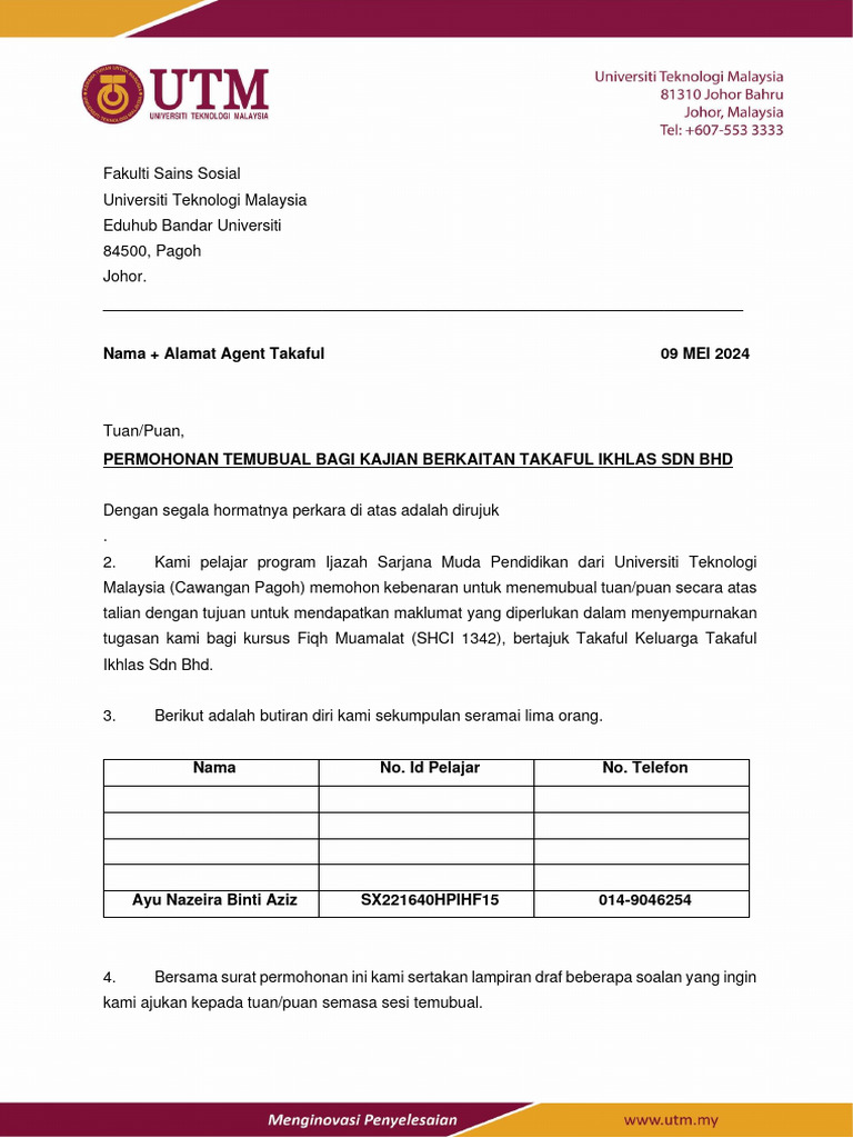 Surat Permohonan Temu bual | PDF