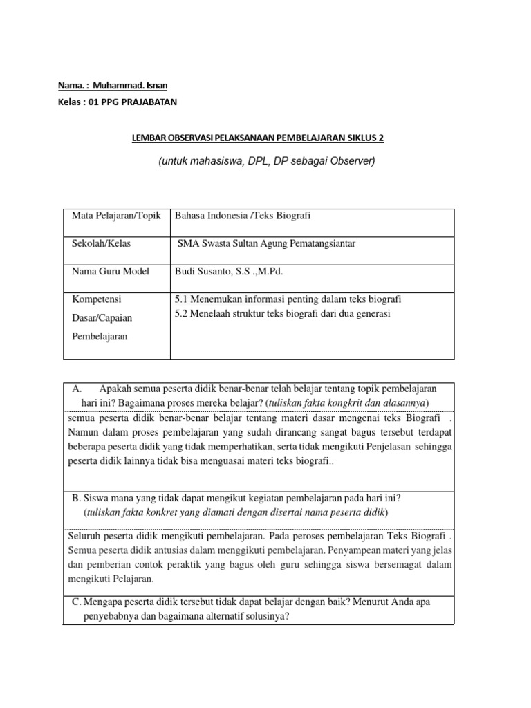 Lembar Observasi Pelaksanaan Pembelajaran Siklus 2 | PDF