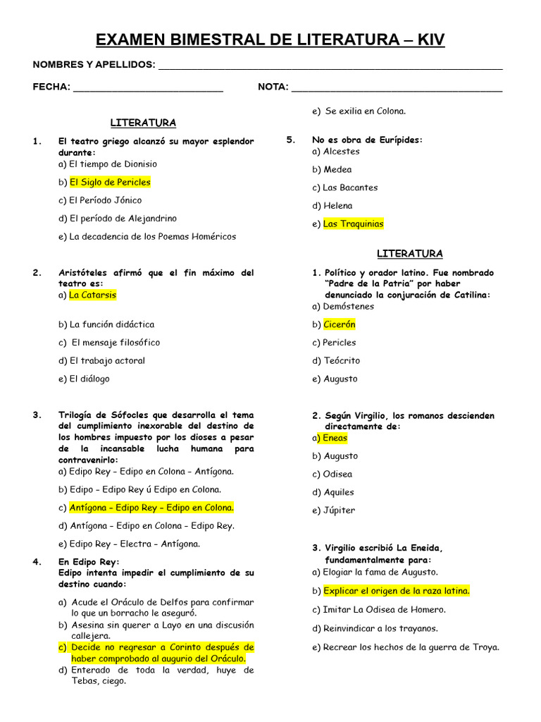 Examen Kiv Literatura | PDF | Ilíada | Homero