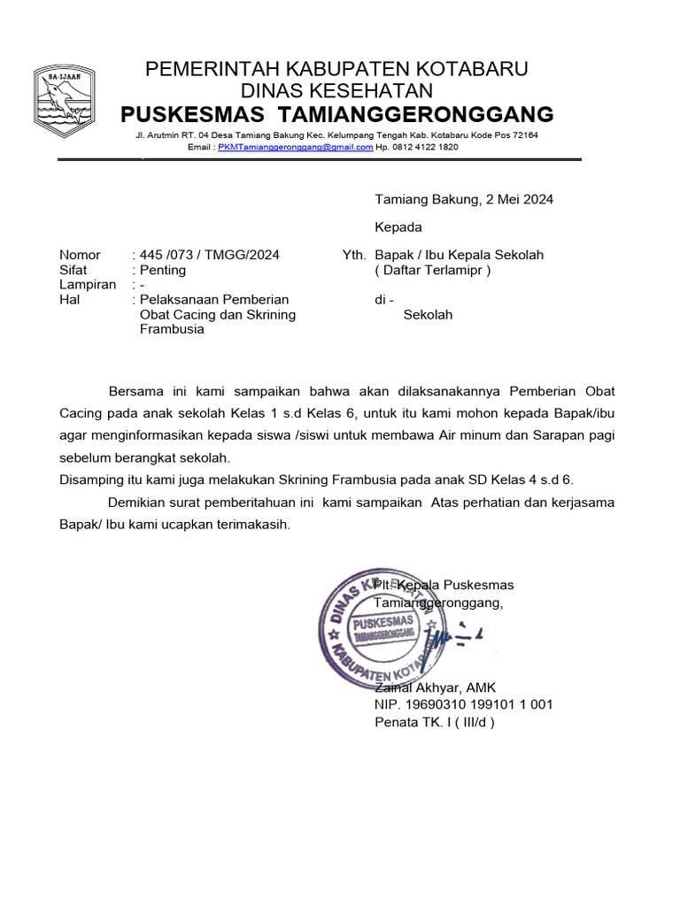 Surat Pemberitahuan Obat Cacing Dan Skrinning Frambusia | PDF