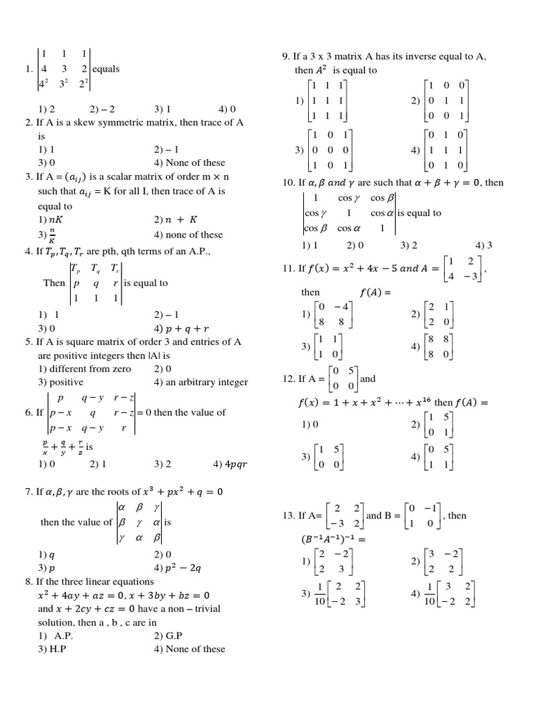 Matrices and Determinants | Download Free PDF | Matrix (Mathematics) | System Of Linear Equations