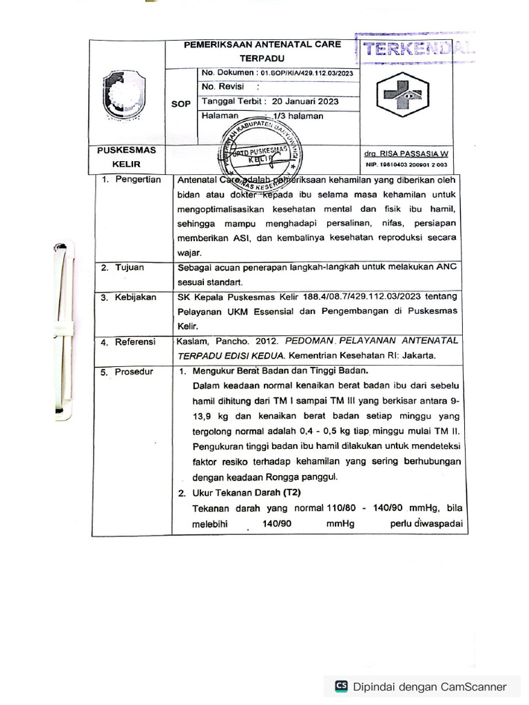 Sop Pemeriksaan Anc Terpadu | PDF