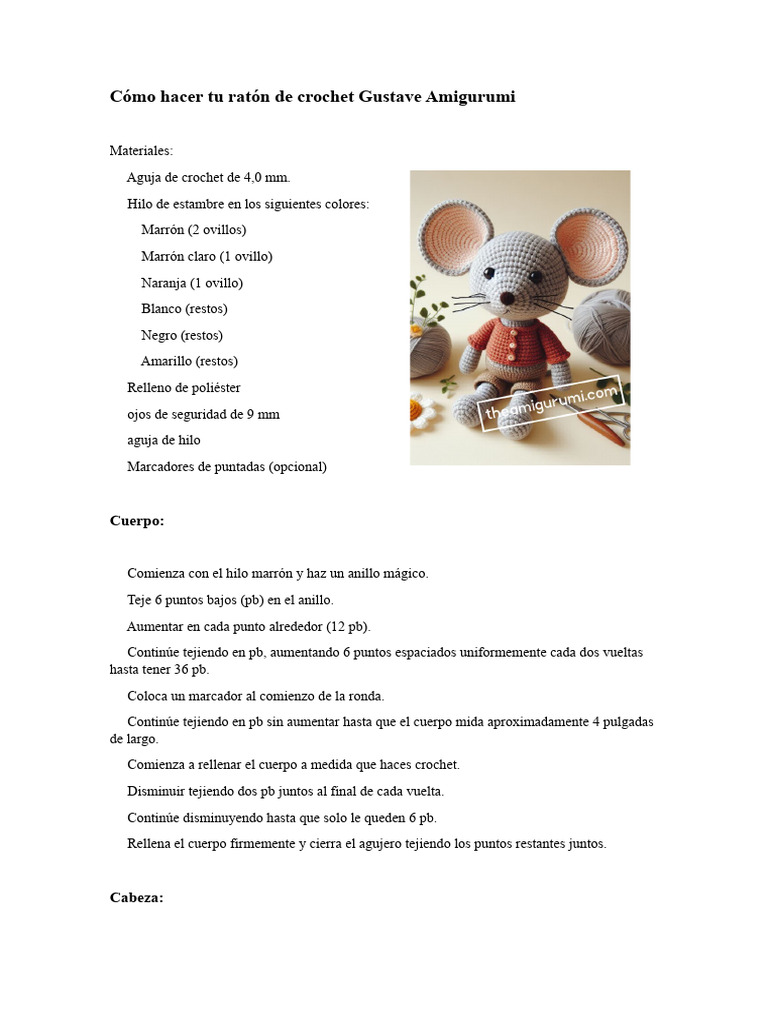 Patrón de Ratón Amigurumi Gustavo | PDF