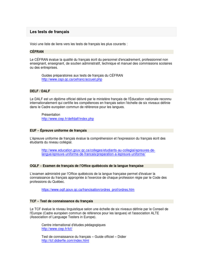 Tests de français : CÉFRAN et autres | PDF | Langue française | la ...