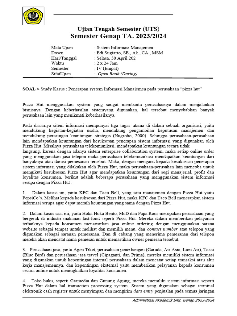 SOAL UTS - SIA - TA Genap 2023-2024 | PDF | Bisnis