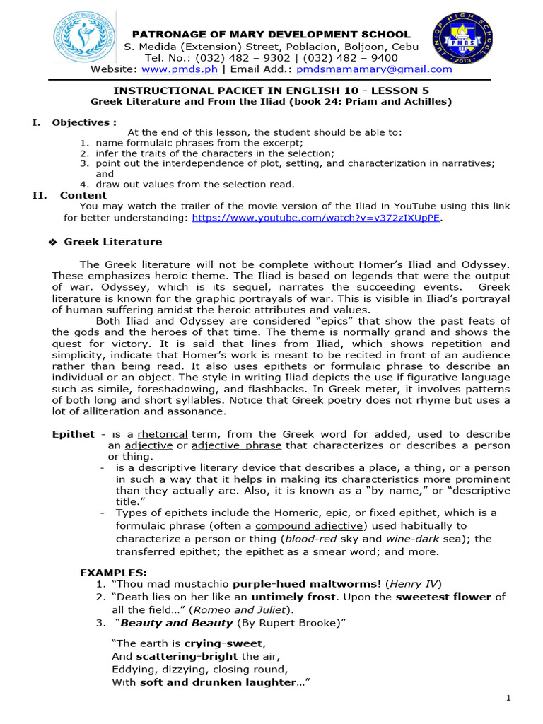 Instructional Packet english 10 lesson 5 | PDF | Hector | Iliad