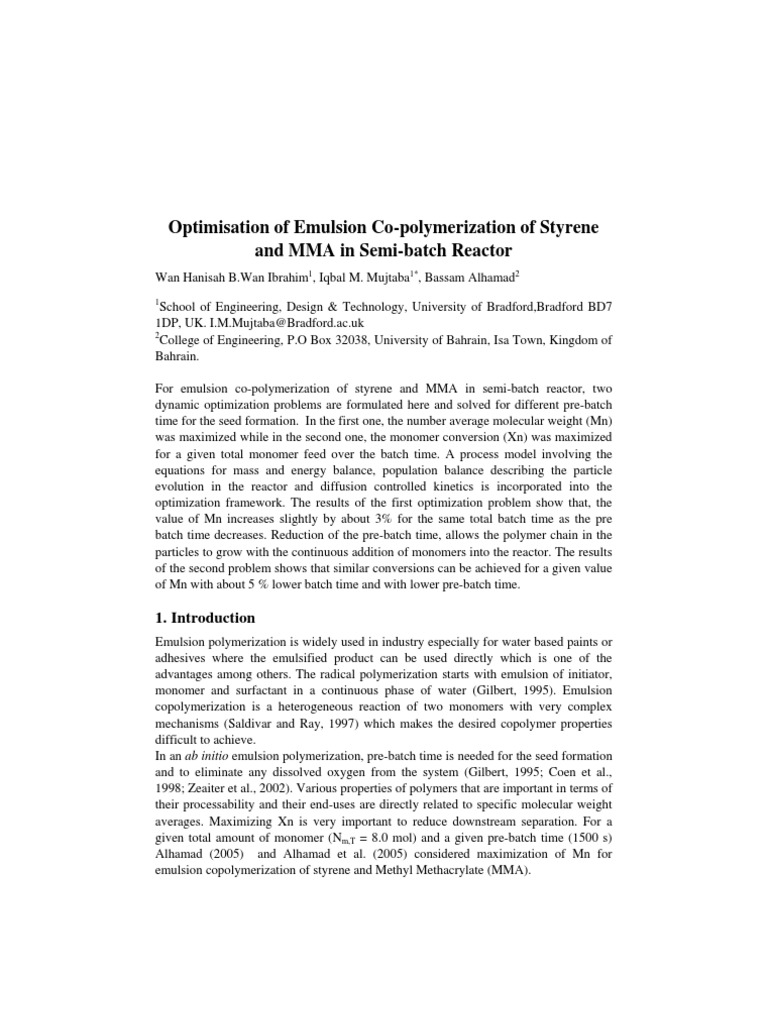 Optimisation of Emulsion Co-Polymerization of Styrene and MMA in Semi ...