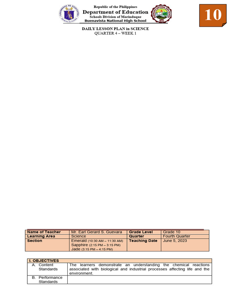 Grade 10 Science Lesson Plan: Chemical Reactions | PDF | Chemical ...