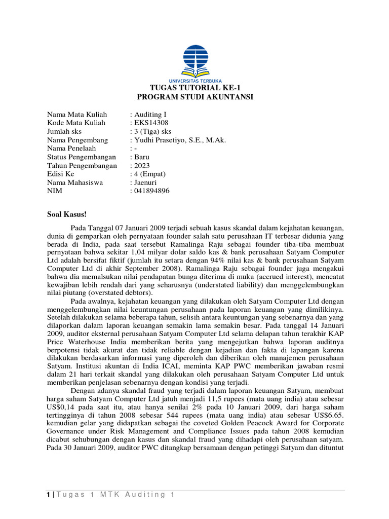 Tugas Tutorial Ke-1 MTK - AUDITING 1 - EKSI4308 - Jaenuri - 041894896 | PDF | Pengelolaan ...