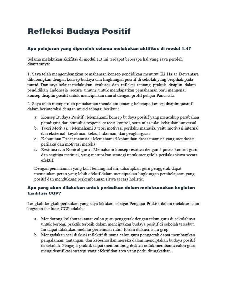 REFLEKSI CPP Refleksi Budaya Positif | PDF