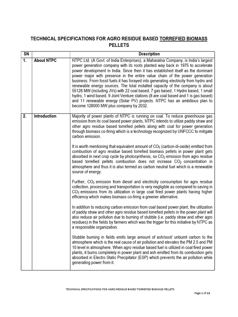 VOL-III-PART-B-Technical Spec Biomass Torrefied Pellet | PDF ...