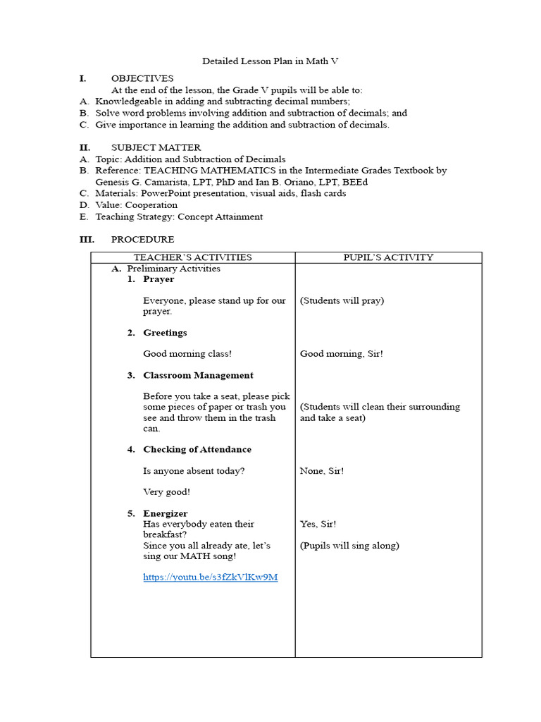 Detailed Lesson Plan in MATH | PDF | Subtraction | Mathematics