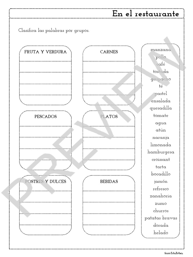 En El Restaurante: Clasifica Las Palabras Por Grupos | PDF | ensalada ...