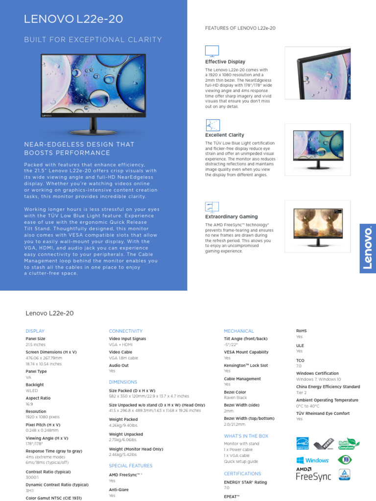 Lenovo L22e Datasheet EN | PDF | Computer Hardware | Film And Video ...