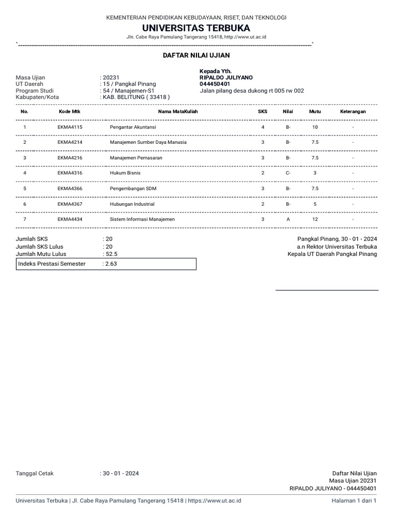 Daftar Nilai Ujian RIPALDO JULIYANO | PDF