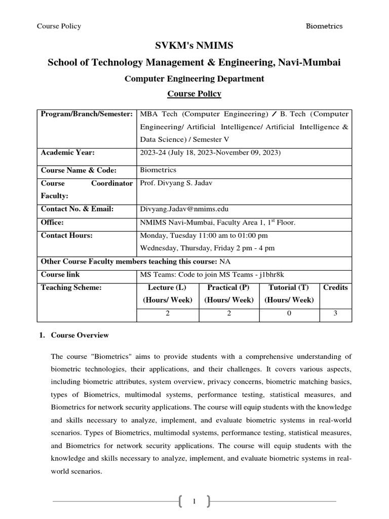 Biometrics Course Policy 2023-24 | PDF | Biometrics | Engineering