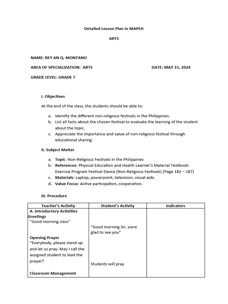 Detailed Lesson Plan in MAPEH | PDF | Festival | Lesson Plan