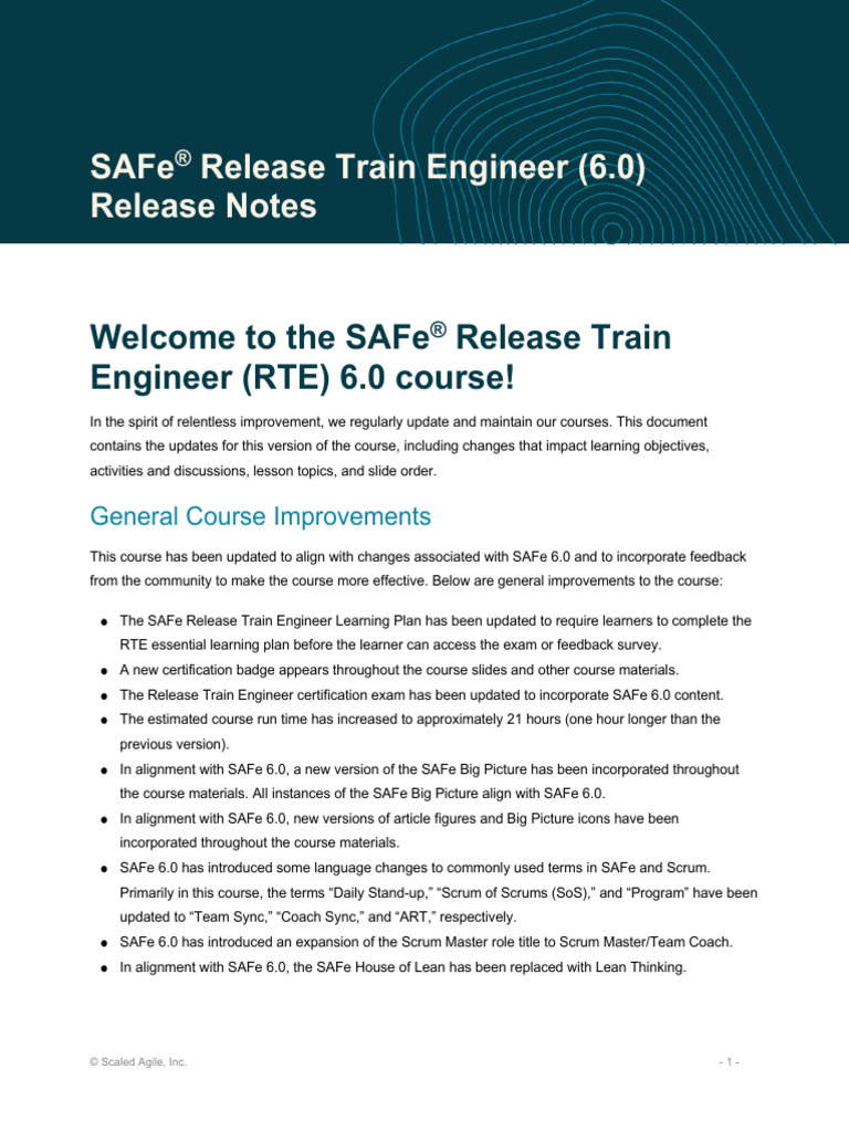 Release Train Engineer Release Notes (6.0) - 1 | PDF | Agile Software ...