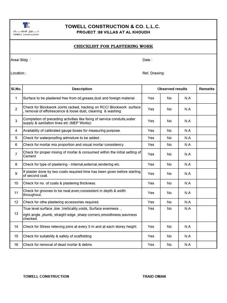 Checklist For Plaster | PDF | Industrial Processes | Materials