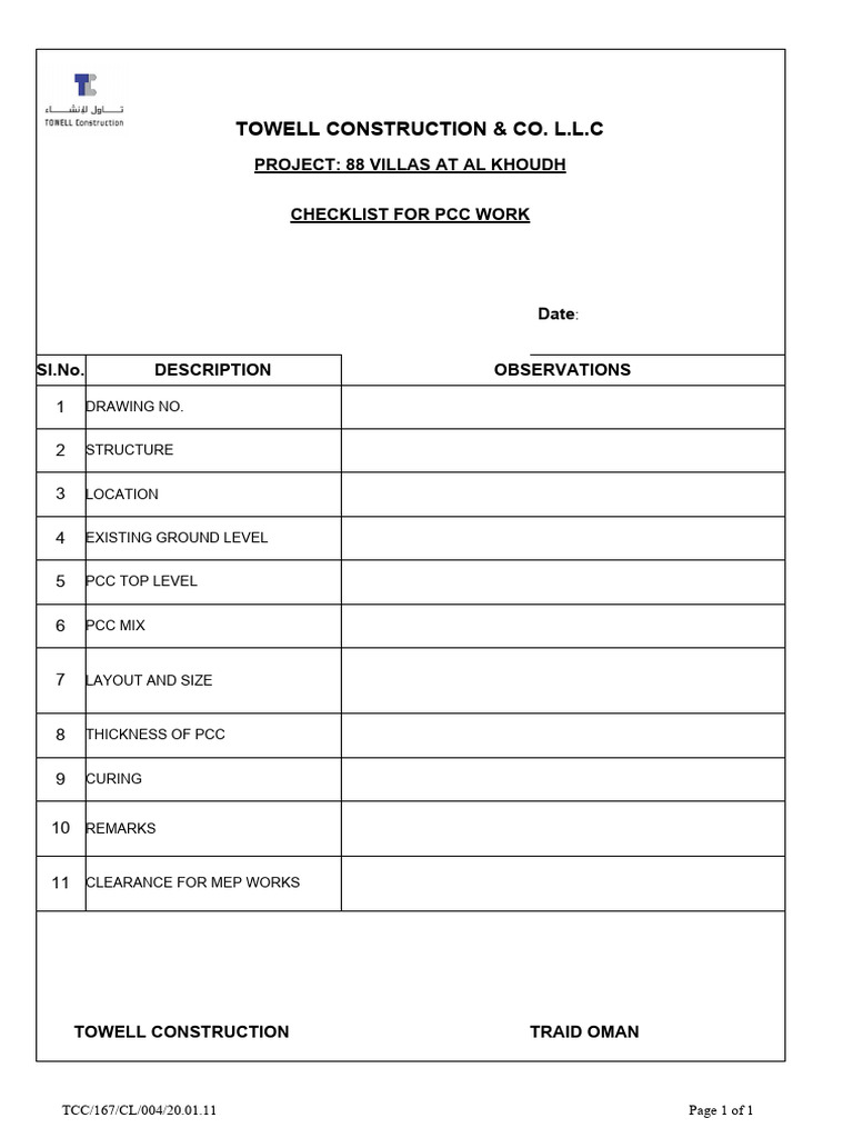 Checklist For PCC Work | PDF