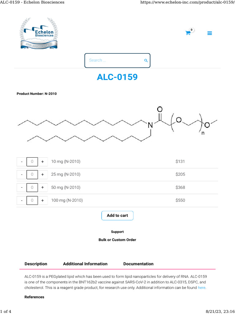 ALC-0159 - Echelon Biosciences ALC-0315, DSPC, and Cholesterol. This Is ...