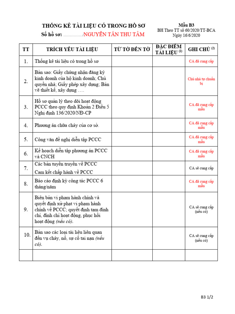Thống Kê Tài Liệu Có Trong Hồ Sơ | PDF