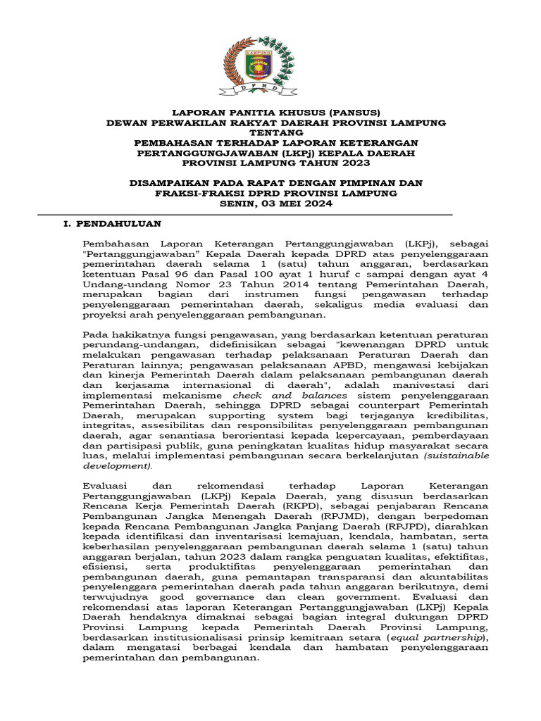 Draft Laporan Pansus LKPJ 2023 Edit 08052024 | PDF | Pengelolaan Keuangan & Uang | Politik