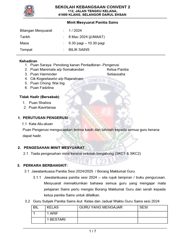 Minit Mesyuarat Bil 1 Panitia Sains 2023 | PDF