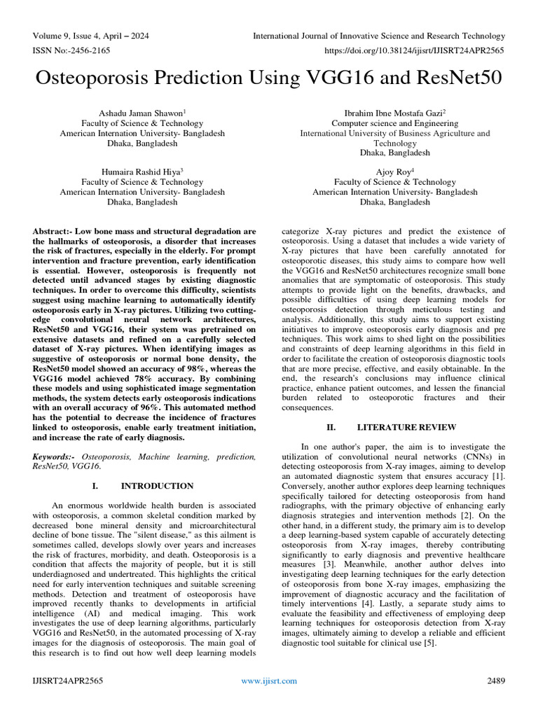 Osteoporosis Prediction Using VGG16 and ResNet50 | PDF | Osteoporosis | Deep Learning