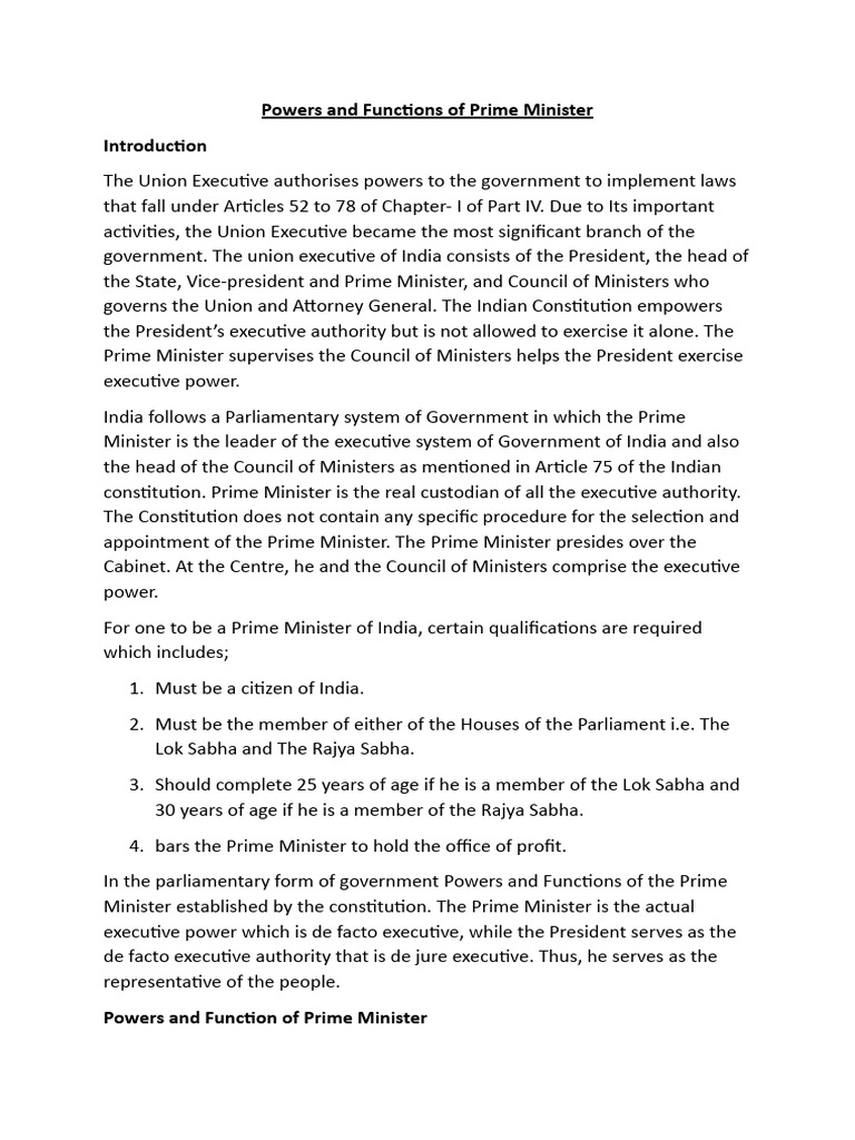 Powers and Functions of India's Prime Minister | PDF | Government Of ...