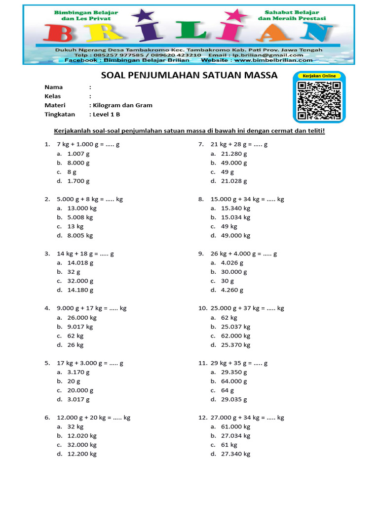 Soal Penjumlahan Satuan KG Dan G Level 1 B | PDF